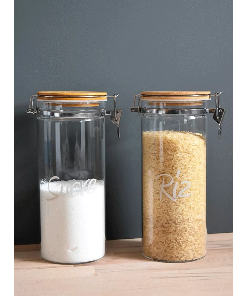 Bocal de conservation en verre avec couvercle bois sérigraphié sucre