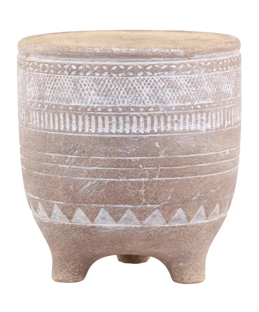Cache-pot en terre cuite sur pieds beige avec motifs. Petit modèle
